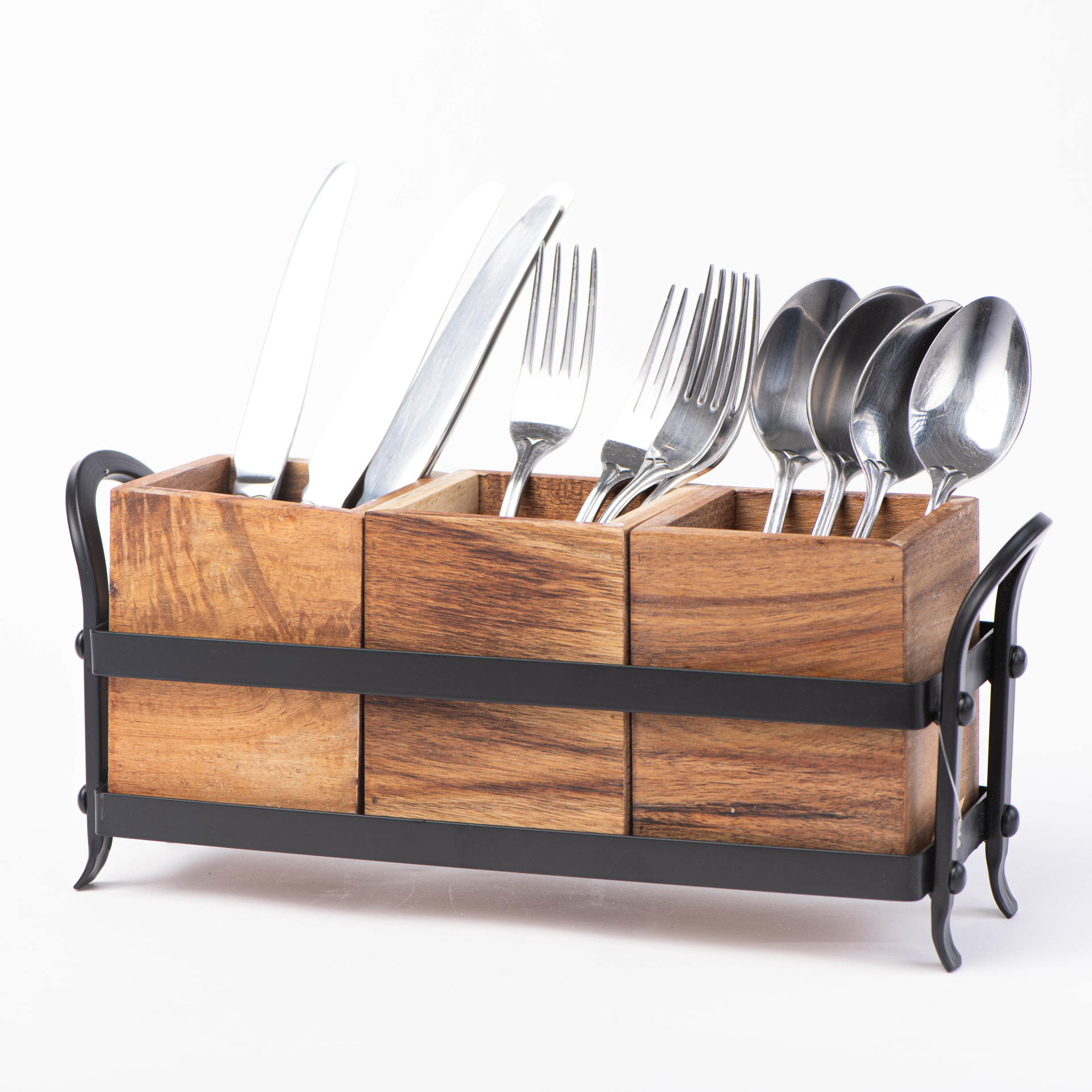 Jarra. Black Metal Caddy With Natural Wood