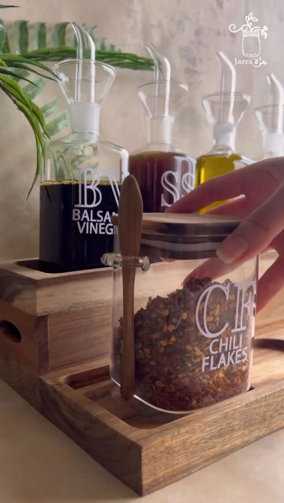 Jarra. Oil & Condiment set with Acacia Wood stand -Square